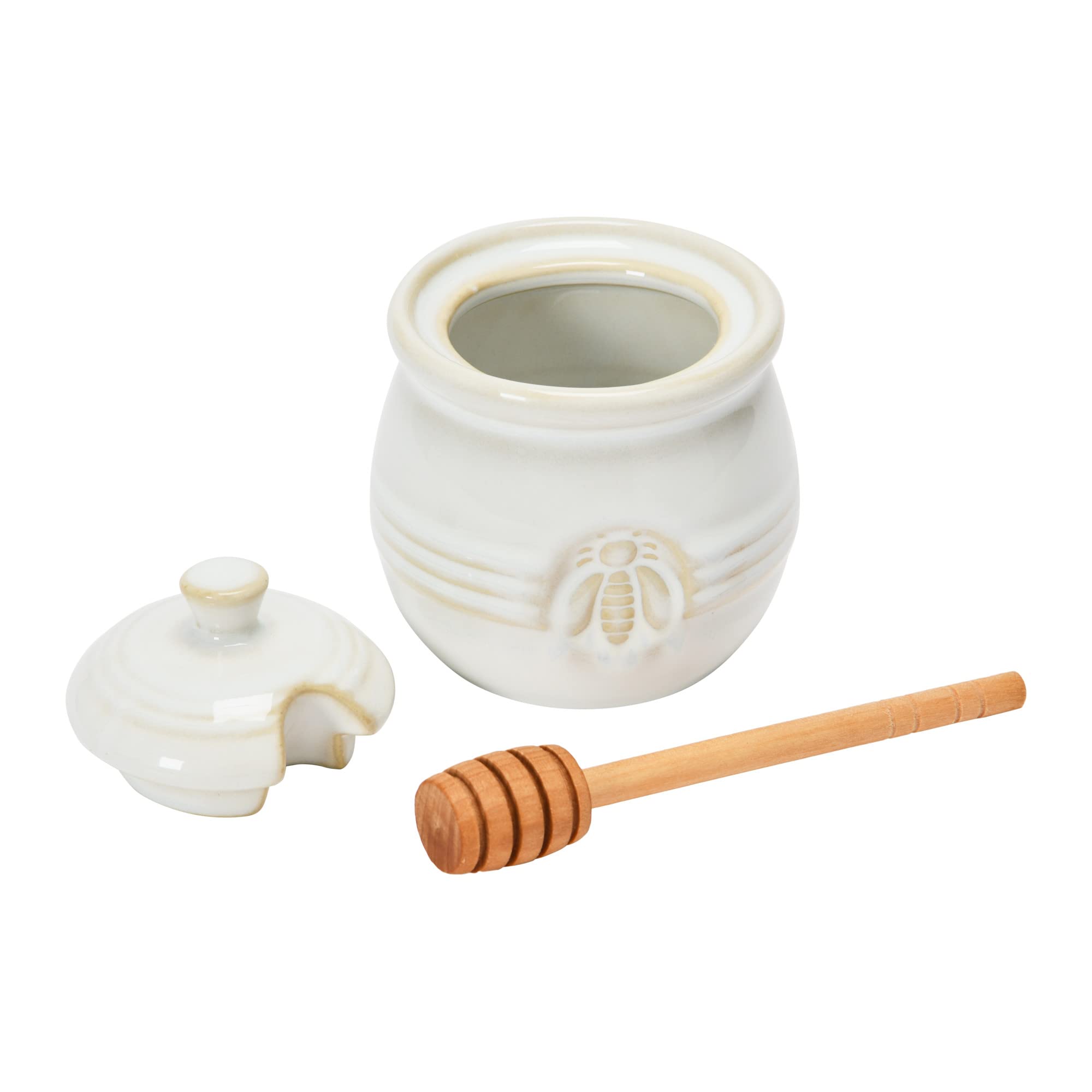 Creative Co-Op Farmhouse Embossed Stoneware Honey Pot with Wood Honey Dipper, White