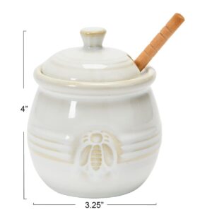 Creative Co-Op Farmhouse Embossed Stoneware Honey Pot with Wood Honey Dipper, White