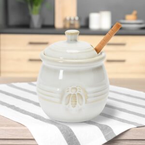 Creative Co-Op Farmhouse Embossed Stoneware Honey Pot with Wood Honey Dipper, White