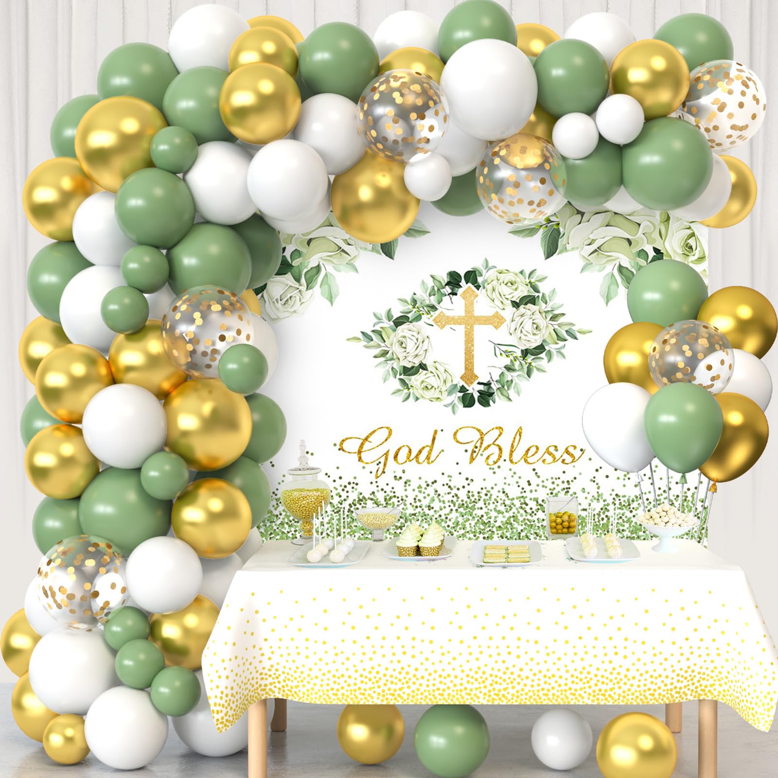 Winrayk Baptism Decorations for Boys Girls First Communion Decorations Mi Bautizo Christening, Sage Green Balloons Arch & God Bless Backdrop Tablecloth, Kids Adult Confirmation Decorations Supplies