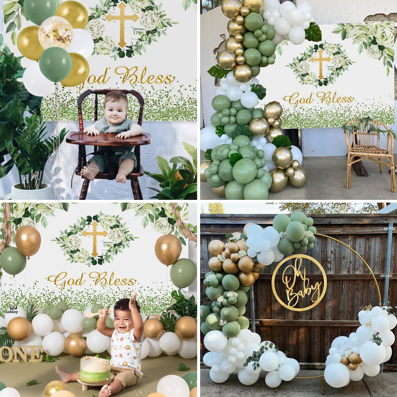 Winrayk Baptism Decorations for Boys Girls First Communion Decorations Mi Bautizo Christening, Sage Green Balloons Arch & God Bless Backdrop Tablecloth, Kids Adult Confirmation Decorations Supplies