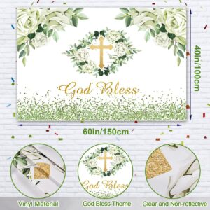 Winrayk Baptism Decorations for Boys Girls First Communion Decorations Mi Bautizo Christening, Sage Green Balloons Arch & God Bless Backdrop Tablecloth, Kids Adult Confirmation Decorations Supplies