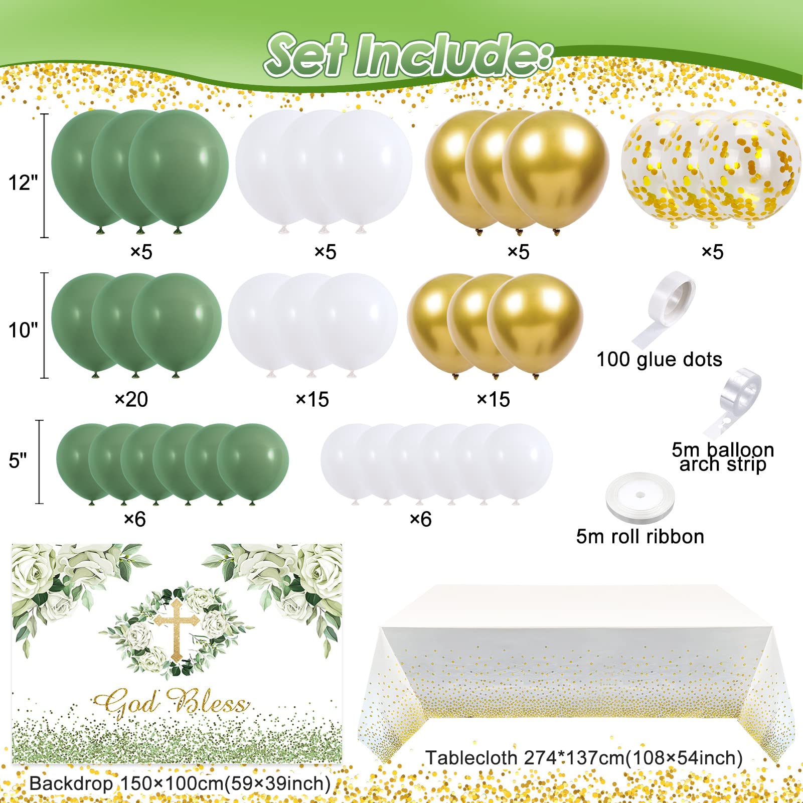 Winrayk Baptism Decorations for Boys Girls First Communion Decorations Mi Bautizo Christening, Sage Green Balloons Arch & God Bless Backdrop Tablecloth, Kids Adult Confirmation Decorations Supplies