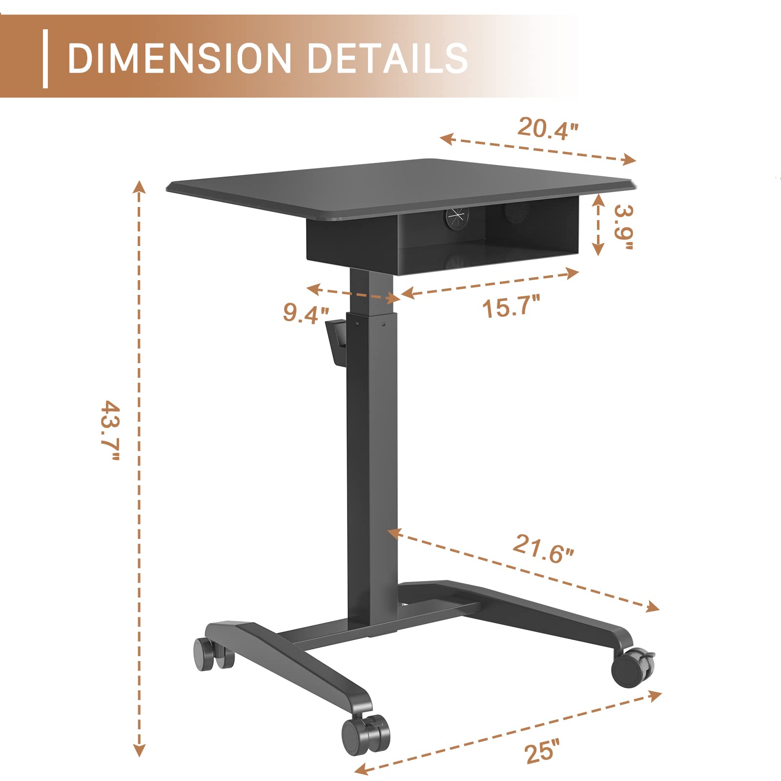 JOY worker Height Adjustable Rolling Laptop Desk with Shelf,Mobile Standing Desk,Pneumatic Mobile Laptop Table with Wheels for Couch Home Office School,Holds Up to 22lbs,Black