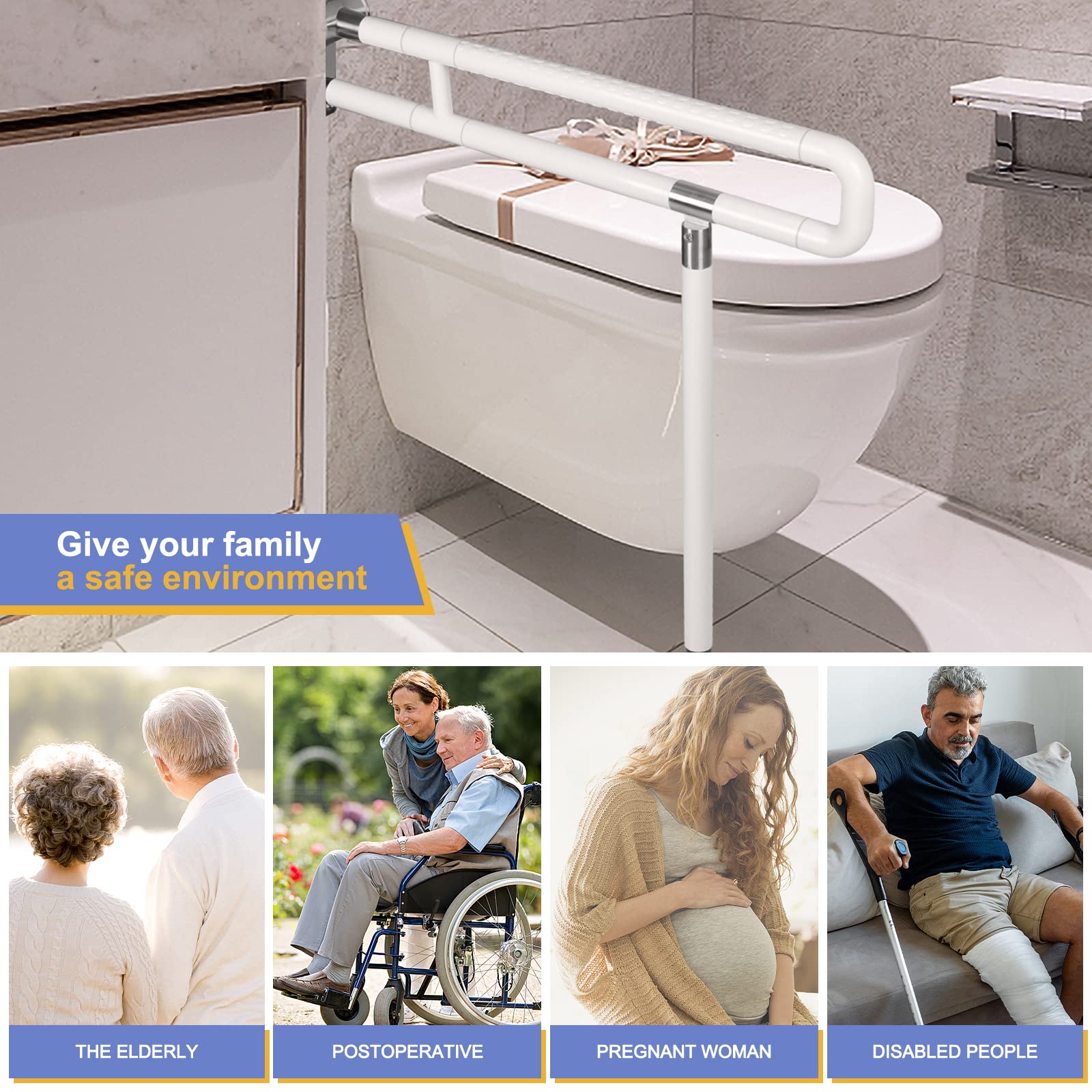 CALEPTONG Handicap Toilet Grab Bars - 29.5 Inch Foldable Toilet Safety Rails Stainless Steel Bathroom Flip-Up Handicap Rails Anti Slip Shower Handrail for Elderly Pregnant Seniors Disabled Injury