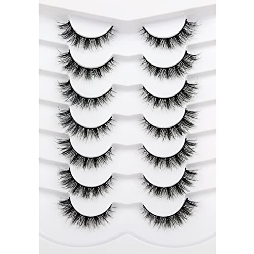 Pooplunch False Eyelashes Cat Eye Lashes Natural Look Wispy Short Fluffy 8D Faux Mink Lashes Wispies Fake Eyelashes Strips 7 Pairs Multipack