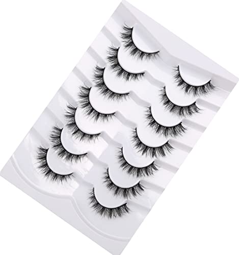 Pooplunch False Eyelashes Cat Eye Lashes Natural Look Wispy Short Fluffy 8D Faux Mink Lashes Wispies Fake Eyelashes Strips 7 Pairs Multipack