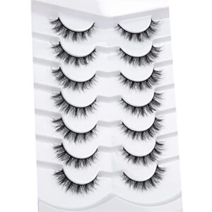 Pooplunch False Eyelashes Cat Eye Lashes Natural Look Wispy Short Fluffy 8D Faux Mink Lashes Wispies Fake Eyelashes Strips 7 Pairs Multipack