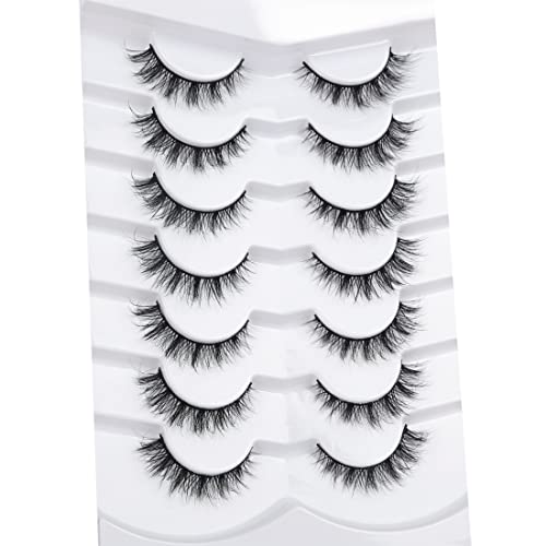 Pooplunch False Eyelashes Cat Eye Lashes Natural Look Wispy Short Fluffy 8D Faux Mink Lashes Wispies Fake Eyelashes Strips 7 Pairs Multipack