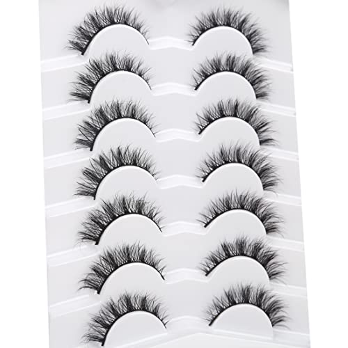 Pooplunch False Eyelashes Cat Eye Lashes Natural Look Wispy Short Fluffy 8D Faux Mink Lashes Wispies Fake Eyelashes Strips 7 Pairs Multipack