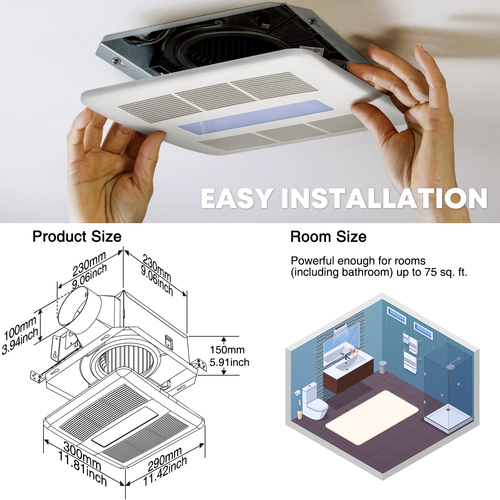 NookNova Quiet Bathroom Exhaust Fan with Light, 100 CFM, 0.7 Sones Household Ventilation Fan, Energy STAR Bathroom Vent Fan with Light Combo, HVI/FCC/ETL Listed Bath Ceiling Fan with 11W LED light