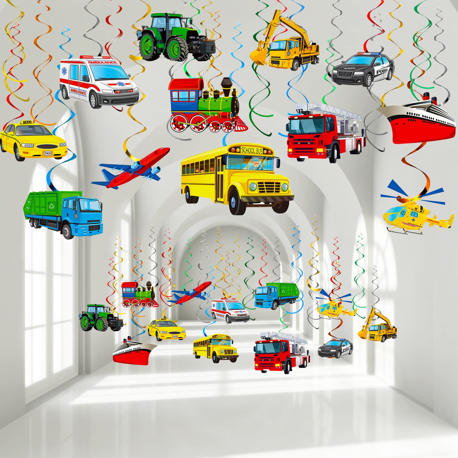 Pajean 54 Pieces Transportation Birthday Party Decorations Cars Theme Party Hanging Swirl Decor for Kids Vehicles Birthday Party Transportation Party Baby Shower Supplies