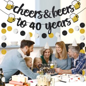 40th Birthday Decorations, 40 Years Anniversary Decorations for Men Women, Cheers to 40 Years Banner with 40 Years Old Cake Topper, Black Gold Glittery Circle Dots Garland for 40 Birthday Wedding