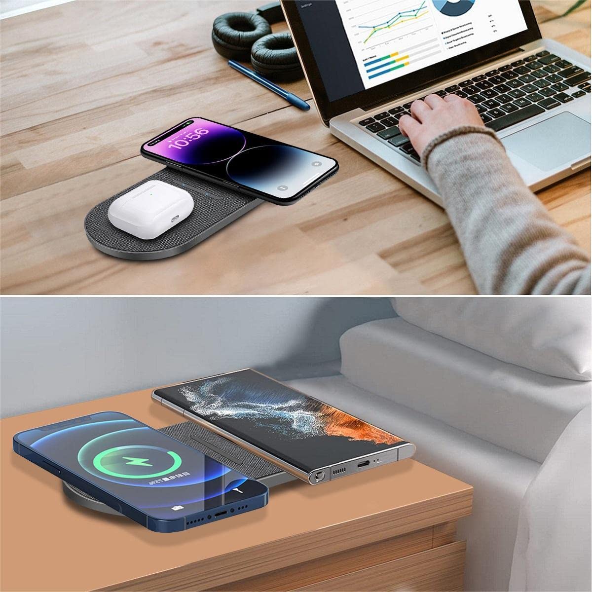 Dual 20W Wireless Charging Pad, 2 in 1 Fast Wireless Charge Mat with Adapter Compatible with iPhone 15 14 13 12 11 Pro max XS XR 8plus, Samsung Galaxy S23 S22 Note20, Air pods Pro/Galaxy Bus (Gary)