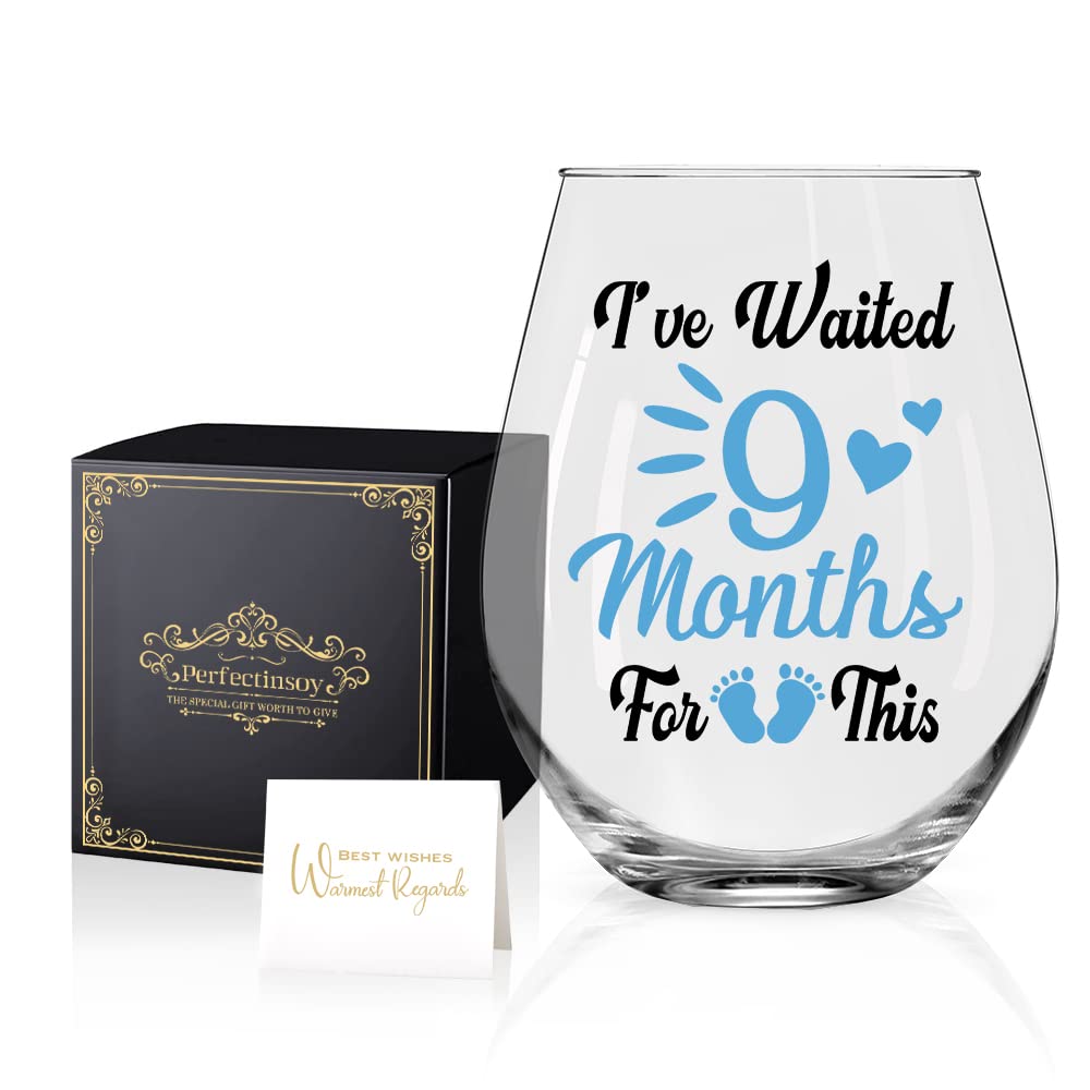 Perfectinsoy I've Waited 9 Months For This Wine Glass, Funny New Mom Stemless Wine Glass, Mother's Day Gift for Mom, Birthday Gifts for New Mom, Post Pregnancy Gifts for New Mom (Boy