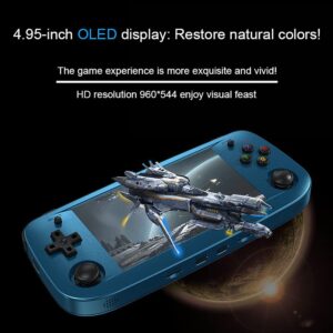 RG503 Handheld Video Game Console, 4.95 Inches OLED Screen Tablet, PC Games Streaming, Support 5G WiFi BT 4.2 CPU Rockchip RK3566 64BIT Built-in 16GB+64GB SD Card Linux System 3500mAh Battery (Blue)