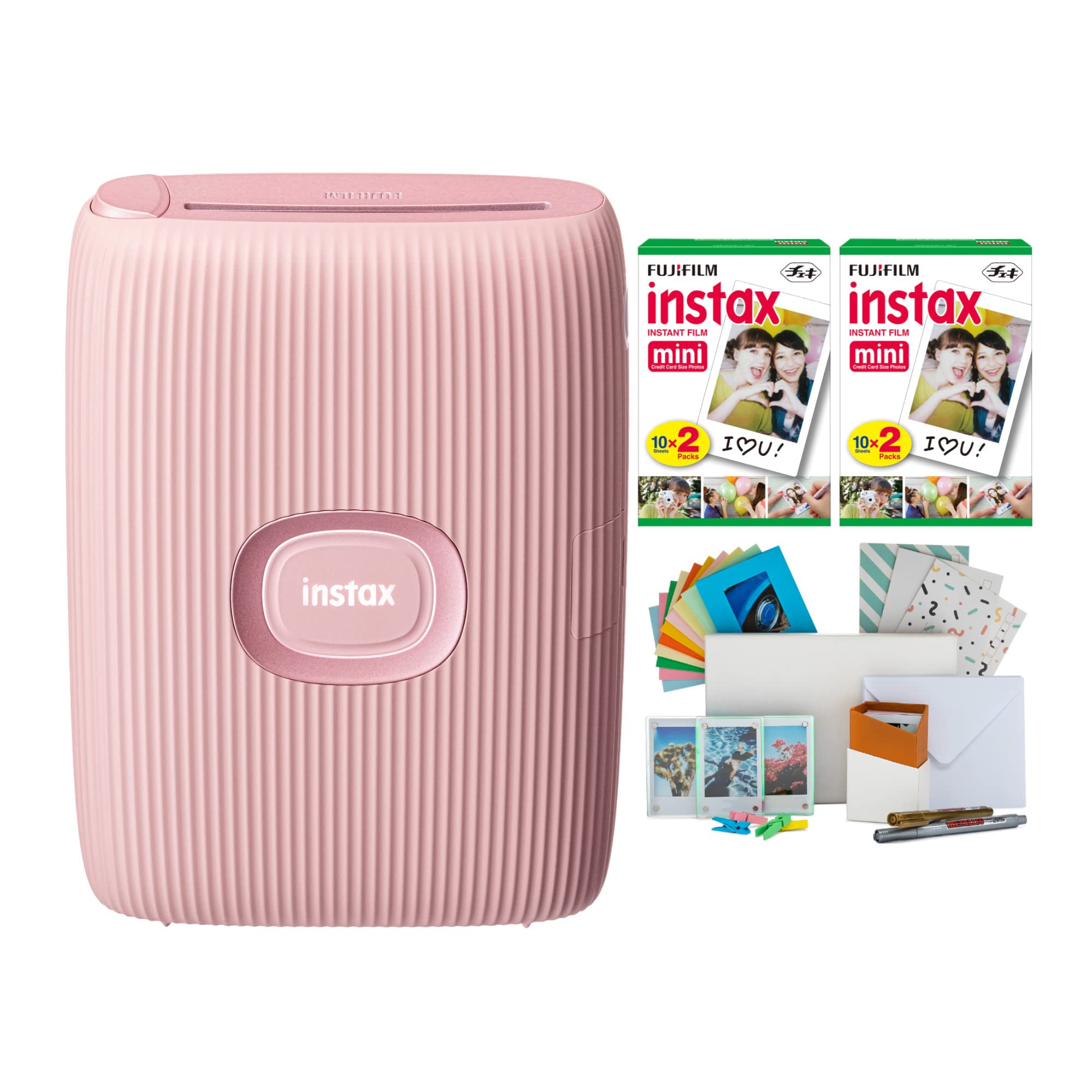 Fujifilm Instax Mini Link2 Instant Smartphone Printer (Soft Pink) Bundle with Instax Mini Twin Film Pack (2-Pack) and Instax Film Kit (4 Items)