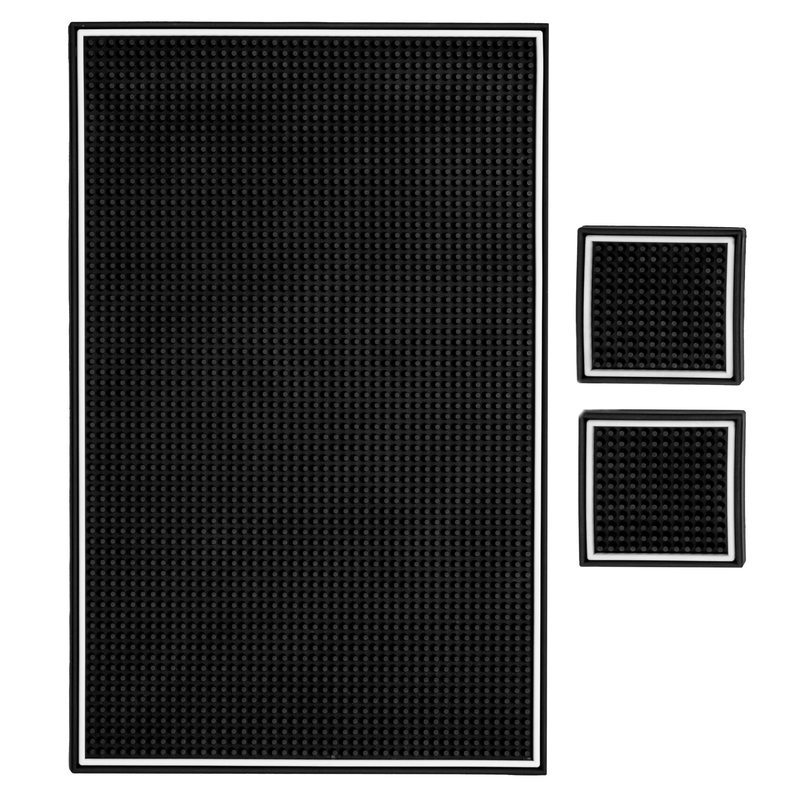 S&T INC. Rubber Bar Mat for Countertop, Non-Slip Bar Mat for Home Bar Cart, Coffee Maker Mat for Countertops, 11.9 Inch x 17.8 Inch, Black with White Border, 1 Bar Mat with 2 Coasters