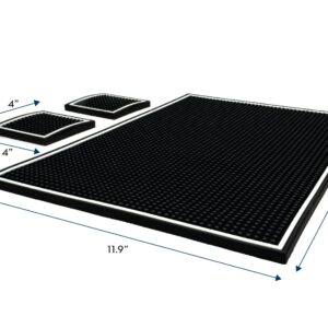 S&T INC. Rubber Bar Mat for Countertop, Non-Slip Bar Mat for Home Bar Cart, Coffee Maker Mat for Countertops, 11.9 Inch x 17.8 Inch, Black with White Border, 1 Bar Mat with 2 Coasters