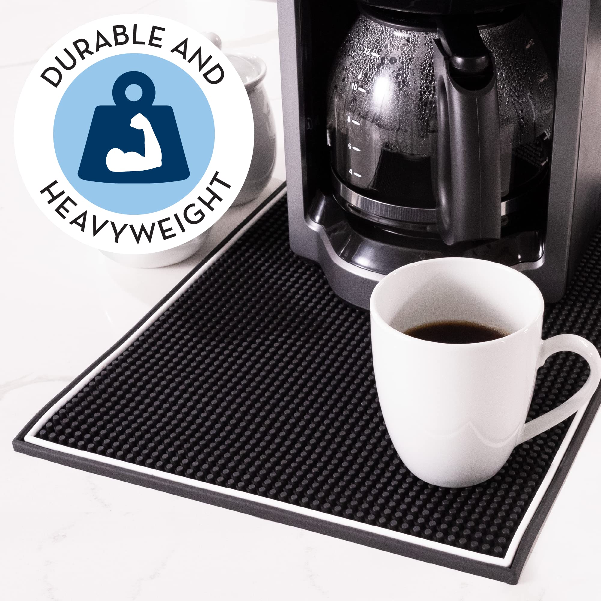 S&T INC. Rubber Bar Mat for Countertop, Non-Slip Bar Mat for Home Bar Cart, Coffee Maker Mat for Countertops, 11.9 Inch x 17.8 Inch, Black with White Border, 1 Bar Mat with 2 Coasters