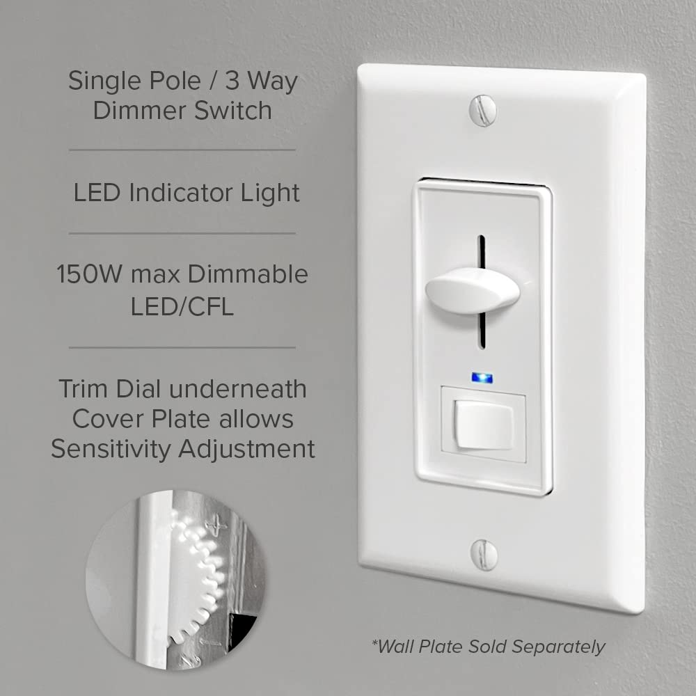 Maxxima Dimmer Electrical Light Switch - Featuring Blue Indicator Light, LED Compatible, 3-Way/Single Pole Use, 600 Watt Max, Dimmable Lamp and Lighting Control