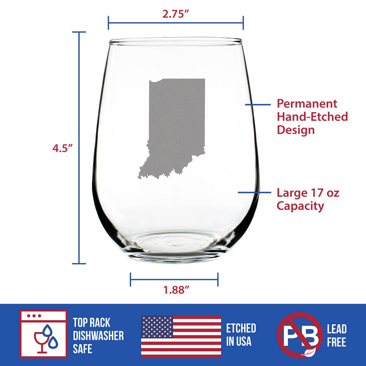 Indiana State Outline Stemless Wine Glass - State Themed Drinking Decor and Gifts for Hoosier Women & Men - Large 17 Oz Glasses