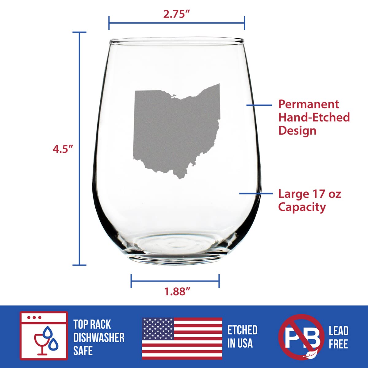 Ohio State Outline Stemless Wine Glass - State Themed Drinking Decor and Gifts for Ohioan Women & Men - Large 17 Oz Glasses