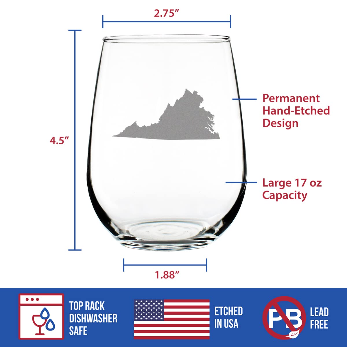 Virginia State Outline - Stemless Wine Glass - State Themed Drinking Decor and Gifts for Virginians - Large 17 Ounce