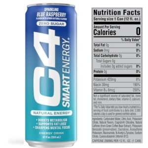 C4 Smart Energy Drink – Boost Focus and Energy with Zero Sugar, Natural Energy, and Nootropics - 200mg Caffeine - Blue Raspberry (12oz Pack of 12)