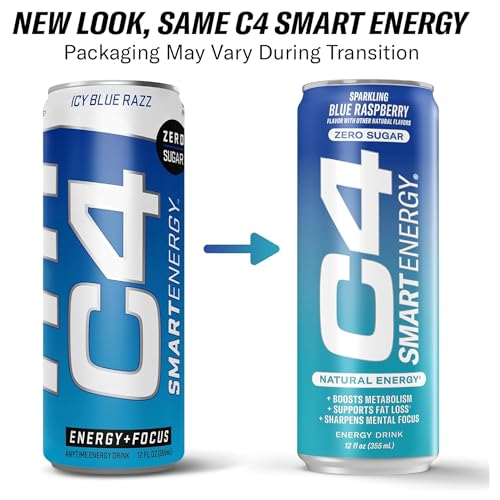 C4 Smart Energy Drink – Boost Focus and Energy with Zero Sugar, Natural Energy, and Nootropics - 200mg Caffeine - Blue Raspberry (12oz Pack of 12)