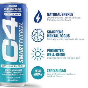 C4 Smart Energy Drink – Boost Focus and Energy with Zero Sugar, Natural Energy, and Nootropics - 200mg Caffeine - Blue Raspberry (12oz Pack of 12)