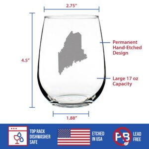 Maine State Outline Stemless Wine Glass - State Themed Drinking Decor and Gifts for Mainer Women & Men - Large 17 Oz Glasses