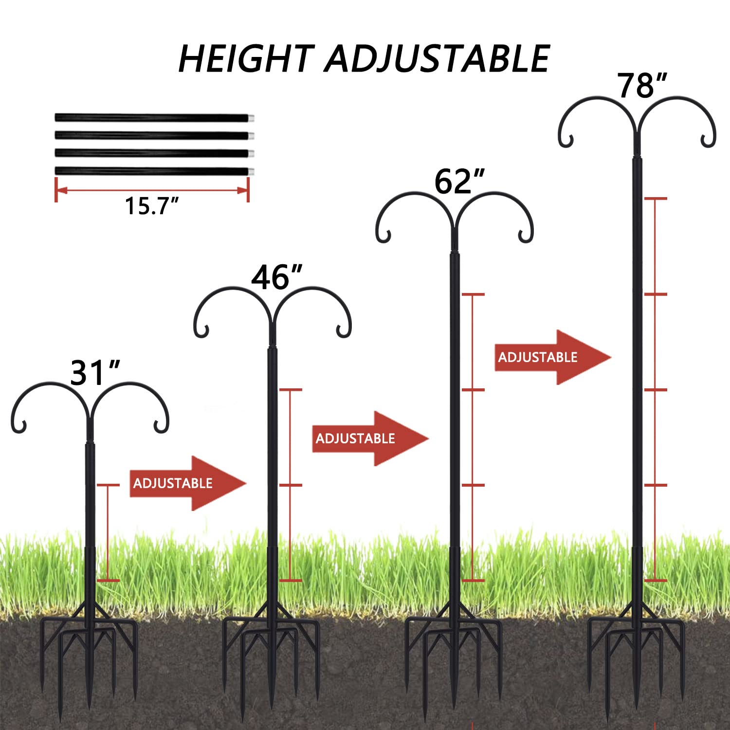 Bird Feeder Pole,Double Shepherds Hooks for Outdoor,5 Base Prongs Adjustable Bird Feeder Stand for Hanging Heavy Duty Bird Feeder,Plant Baskets,Garden Plant Hanger Stands(78Inch,2 Pack)