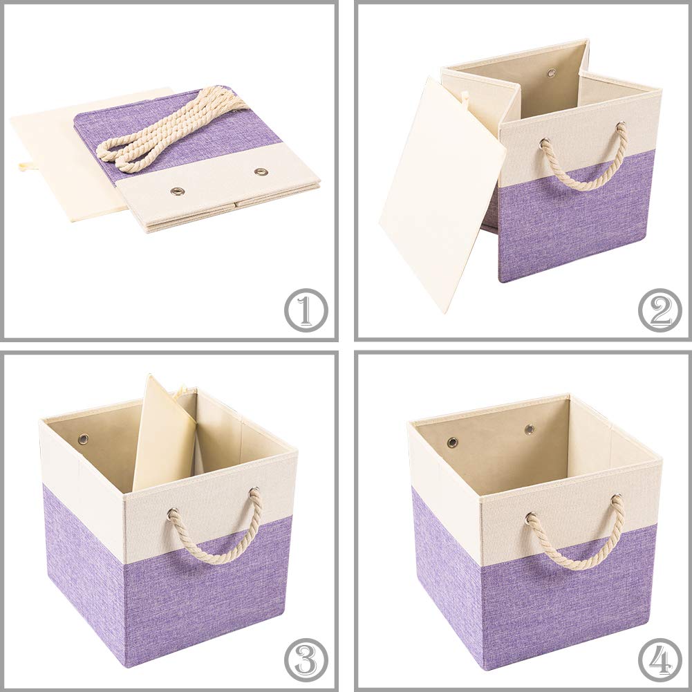 PRANDOM Large Foldable Cube Storage Bins 13x13 inch [4-Pack] Fabric Linen Storage Baskets Cubes Drawer with Cotton Handles Organizer for Shelves Nursery Closet Bedroom Purple