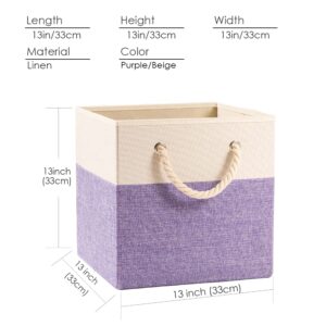 PRANDOM Large Foldable Cube Storage Bins 13x13 inch [4-Pack] Fabric Linen Storage Baskets Cubes Drawer with Cotton Handles Organizer for Shelves Nursery Closet Bedroom Purple