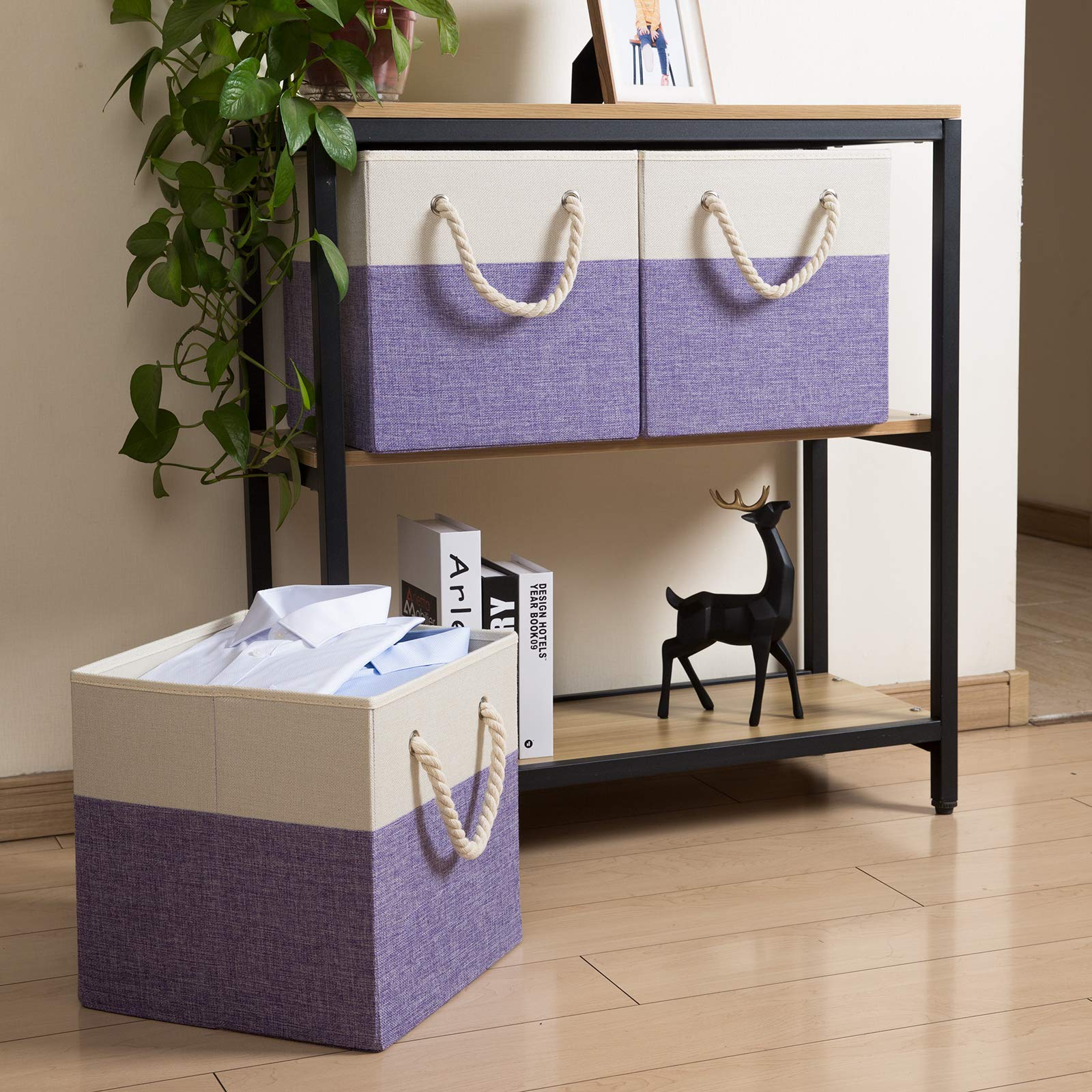 PRANDOM Large Foldable Cube Storage Bins 13x13 inch [4-Pack] Fabric Linen Storage Baskets Cubes Drawer with Cotton Handles Organizer for Shelves Nursery Closet Bedroom Purple