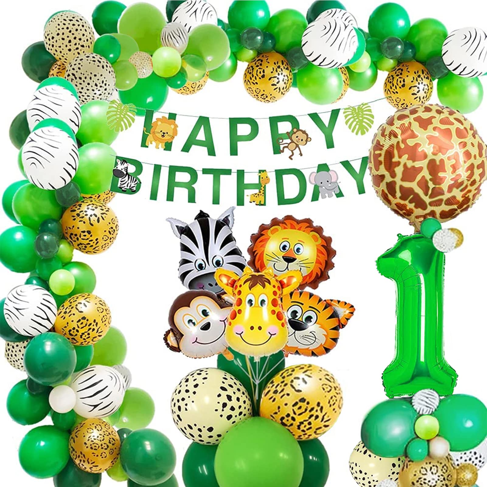 Toddler Jungle Theme Balloon Arch Kit for 1 Year Old Baby Boy Girl, Green Happy Birthday Banner Balloons Garland, Safari Shower Party Supplies Decorations - 64pcs