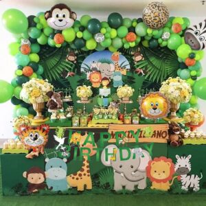 Toddler Jungle Theme Balloon Arch Kit for 1 Year Old Baby Boy Girl, Green Happy Birthday Banner Balloons Garland, Safari Shower Party Supplies Decorations - 64pcs