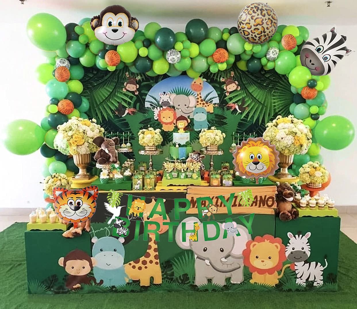 Toddler Jungle Theme Balloon Arch Kit for 1 Year Old Baby Boy Girl, Green Happy Birthday Banner Balloons Garland, Safari Shower Party Supplies Decorations - 64pcs