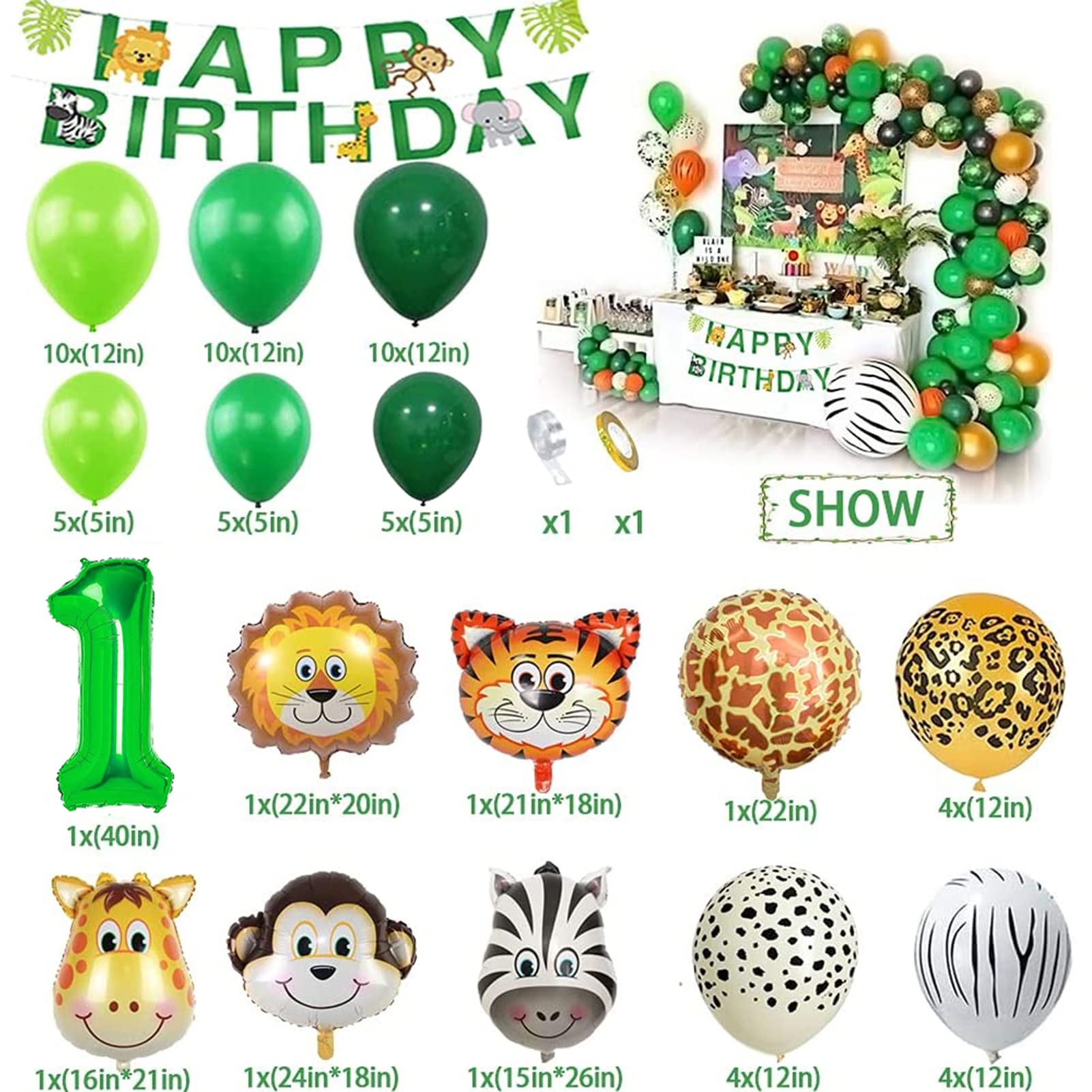 Toddler Jungle Theme Balloon Arch Kit for 1 Year Old Baby Boy Girl, Green Happy Birthday Banner Balloons Garland, Safari Shower Party Supplies Decorations - 64pcs