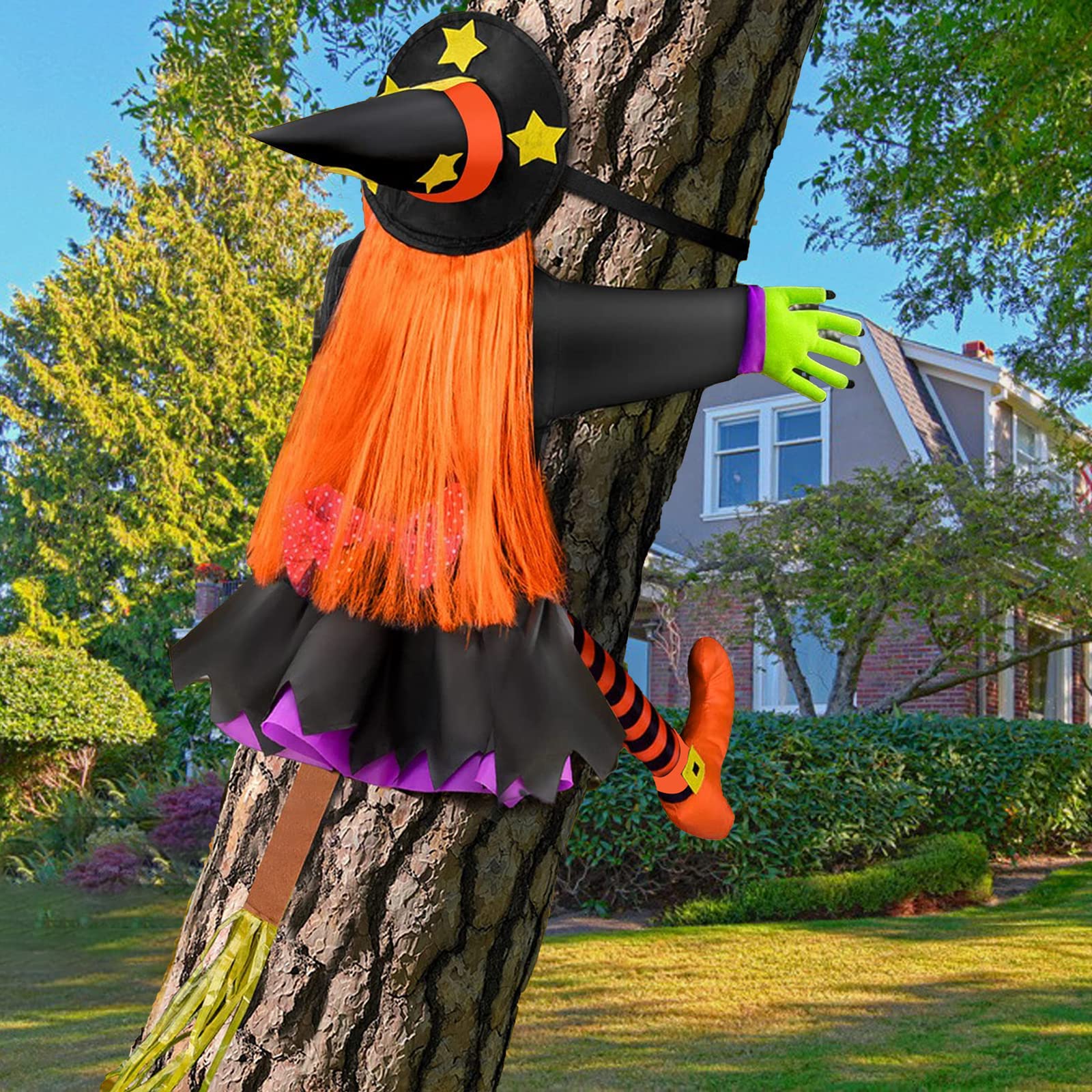 KUJAIS 40" Large Crashing Witch into Tree Halloween Decorations Outdoor for Yard Tree Door Porch, Flying Witch Hitting Tree Halloween Outside Decor Hanging Witch Props