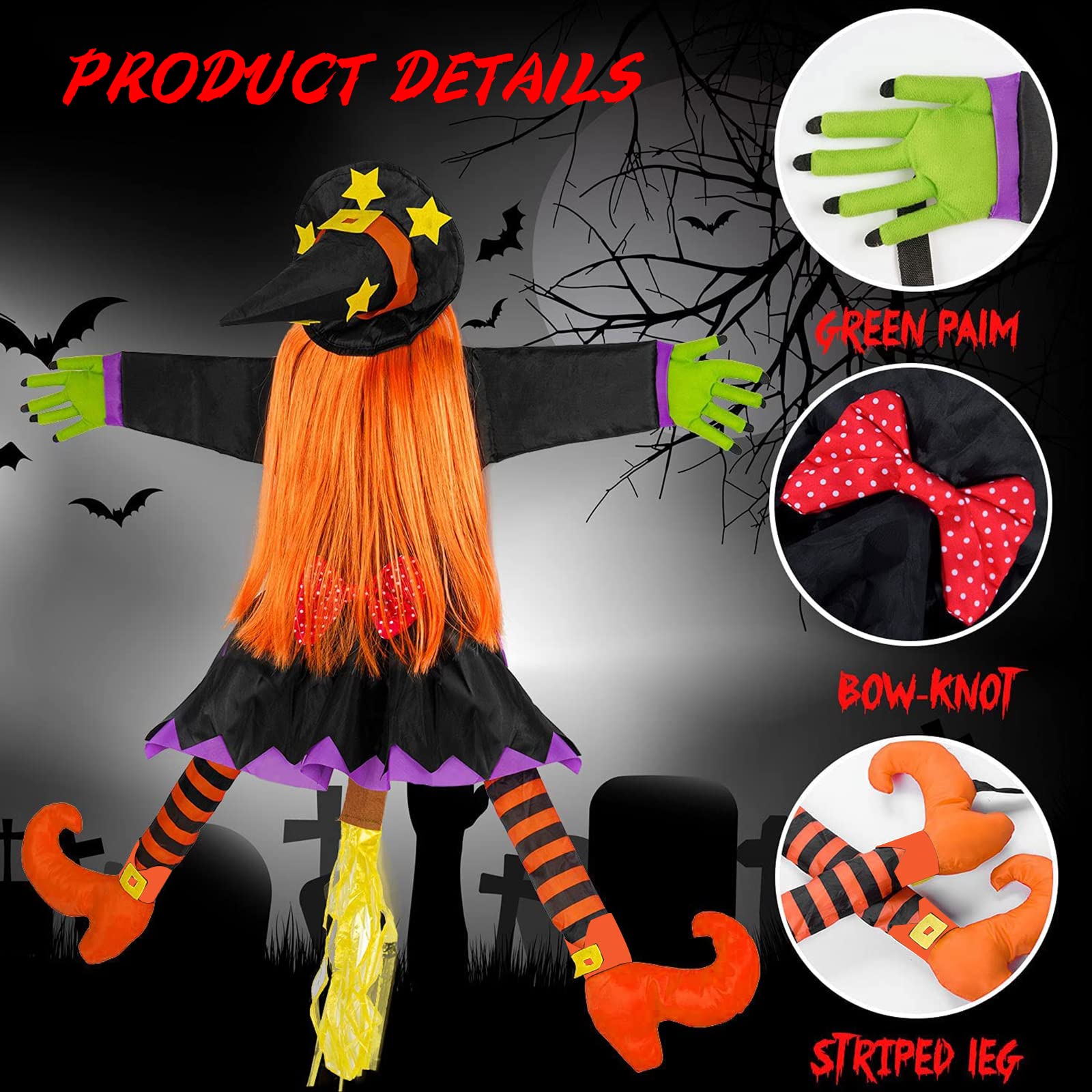 KUJAIS 40" Large Crashing Witch into Tree Halloween Decorations Outdoor for Yard Tree Door Porch, Flying Witch Hitting Tree Halloween Outside Decor Hanging Witch Props