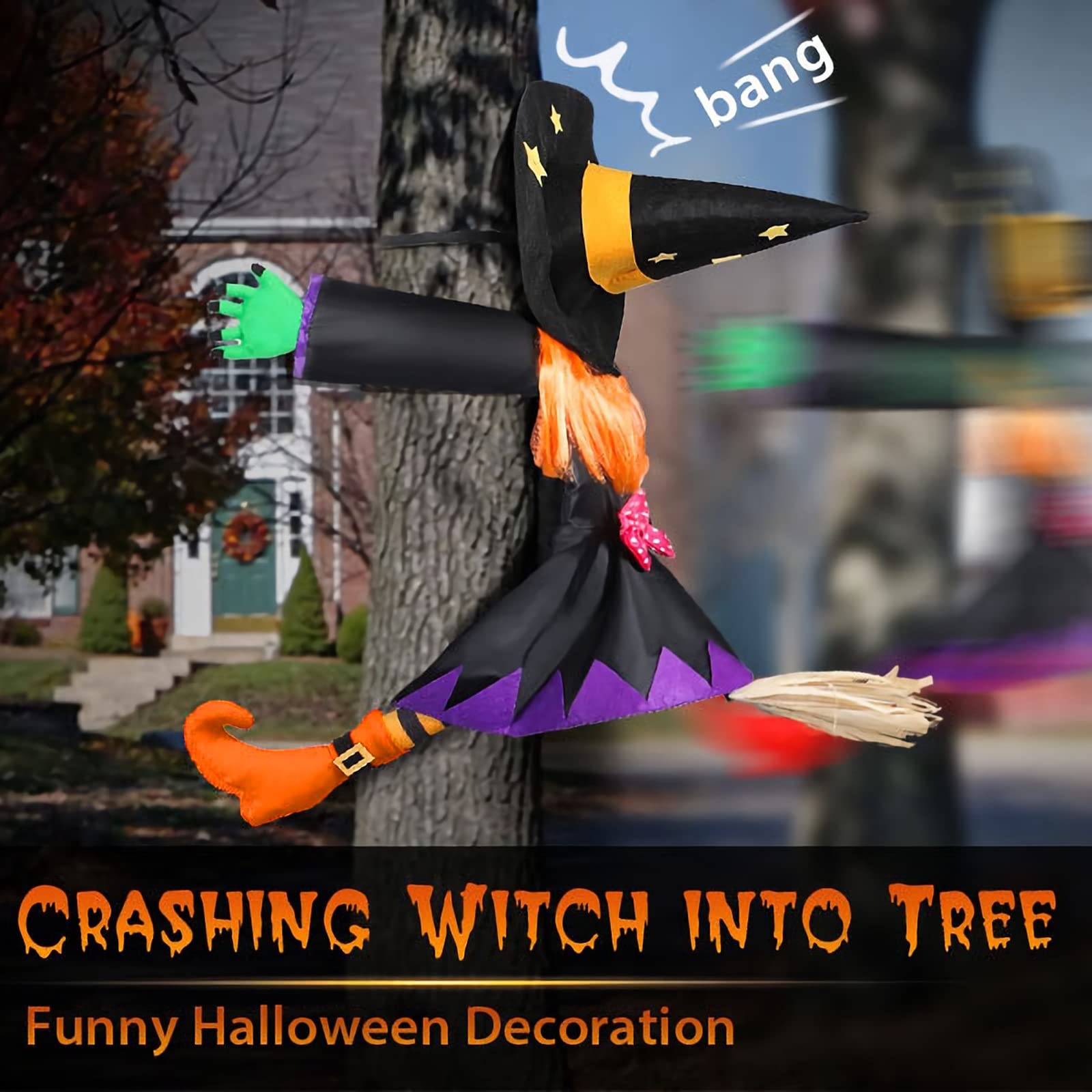 KUJAIS 40" Large Crashing Witch into Tree Halloween Decorations Outdoor for Yard Tree Door Porch, Flying Witch Hitting Tree Halloween Outside Decor Hanging Witch Props