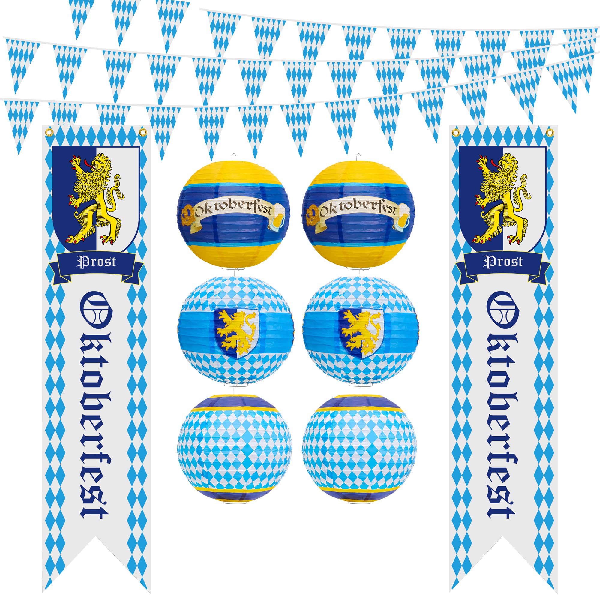 Oktoberfest Party Decor, 8Pcs Octoberfest Decorations Kit Bavarian Pennant Flags Sign Banner Paper Lanterns, Octoberfest Themed Party Supplies Home Yard Favor Decor Set for German Beer Festival Party