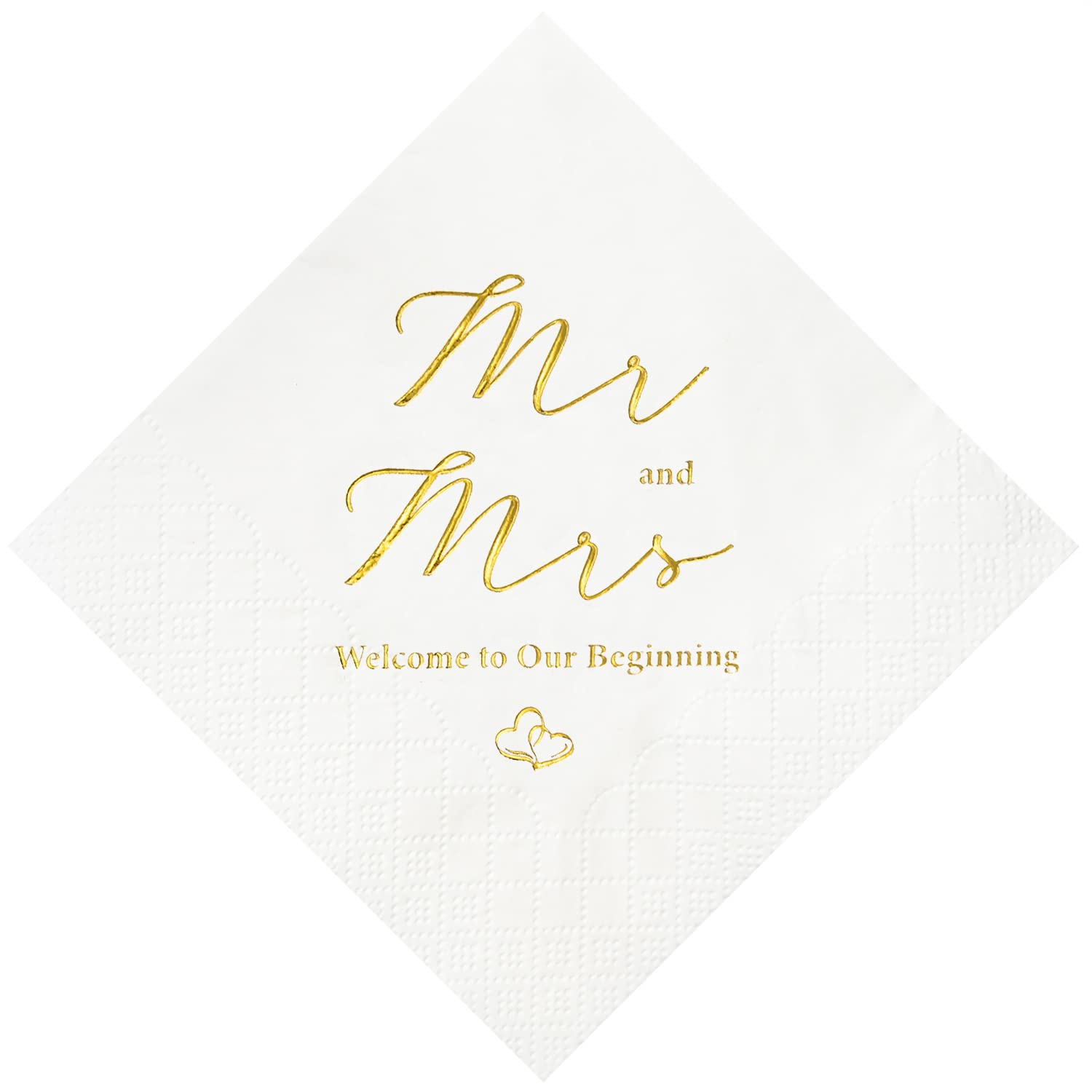 Crisky Gold Foil Mr and Mrs Wedding Cocktail Napkins 100 Counts for Wedding Party Reception Dessert Cake Table Decorations Welcome to Our Beginning Disposable Napkins, 3-Ply,