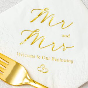 Crisky Gold Foil Mr and Mrs Wedding Cocktail Napkins 100 Counts for Wedding Party Reception Dessert Cake Table Decorations Welcome to Our Beginning Disposable Napkins, 3-Ply,