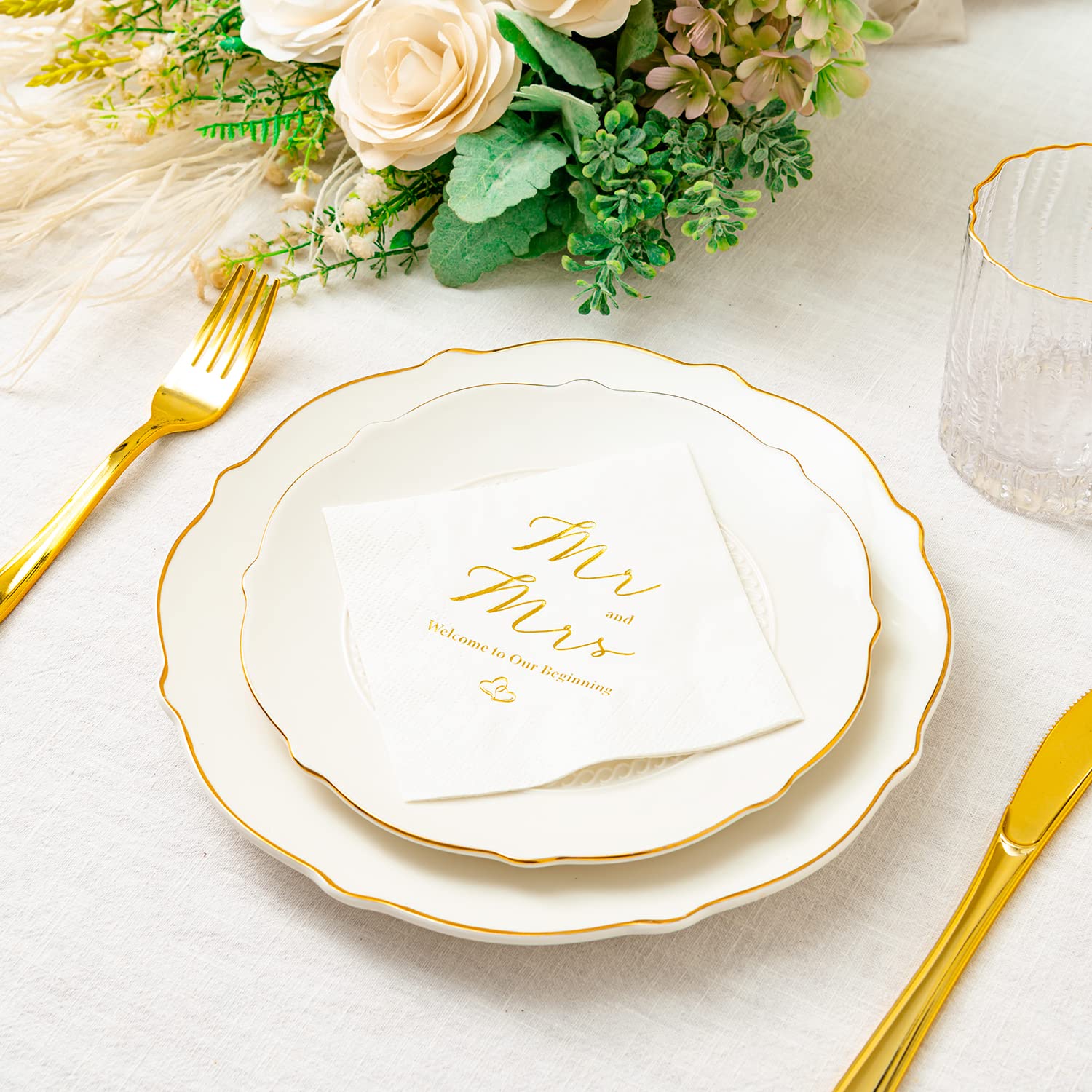 Crisky Gold Foil Mr and Mrs Wedding Cocktail Napkins 100 Counts for Wedding Party Reception Dessert Cake Table Decorations Welcome to Our Beginning Disposable Napkins, 3-Ply,