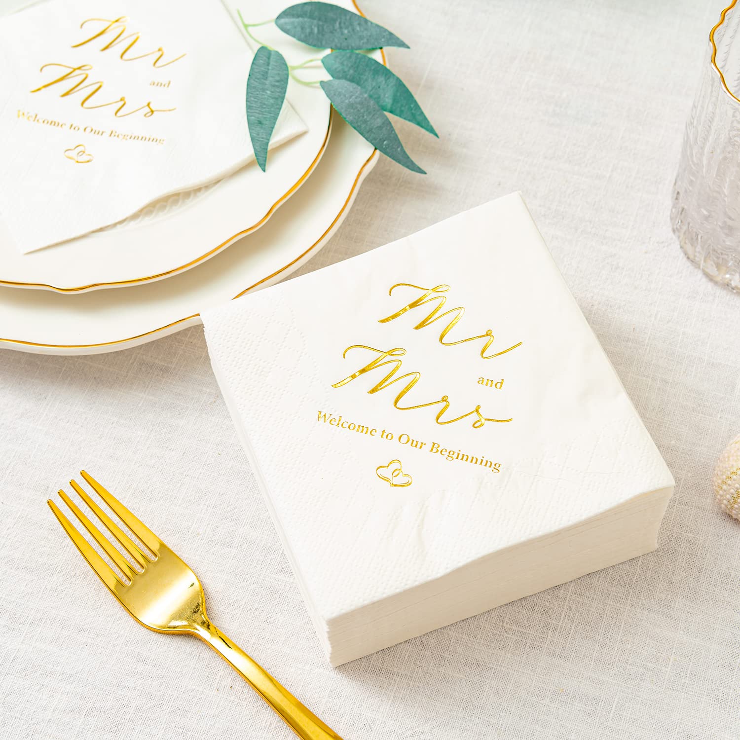 Crisky Gold Foil Mr and Mrs Wedding Cocktail Napkins 100 Counts for Wedding Party Reception Dessert Cake Table Decorations Welcome to Our Beginning Disposable Napkins, 3-Ply,