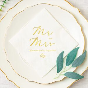 Crisky Gold Foil Mr and Mrs Wedding Cocktail Napkins 100 Counts for Wedding Party Reception Dessert Cake Table Decorations Welcome to Our Beginning Disposable Napkins, 3-Ply,