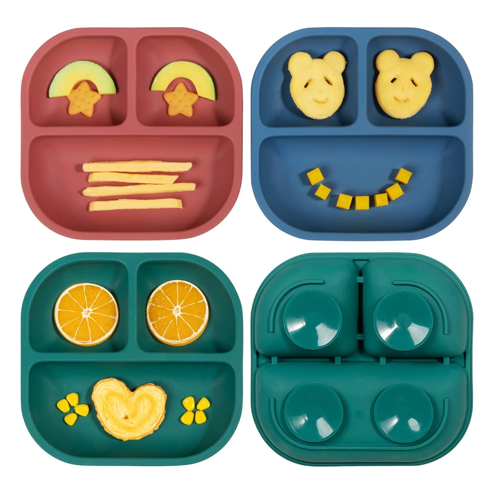 BABELIO Powerful Suction Plates for Baby and Toddler, 100% Food Grand Silicone Divided Baby Plates, BPA Free, Microwave & Dishwasher Safe, Stay Put with 4 Suction Cups, 3 Pack